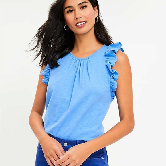 LOFT | Tops | New Loft L Womens Blue Ruffle Trim Knit Shirred Tank Top ...